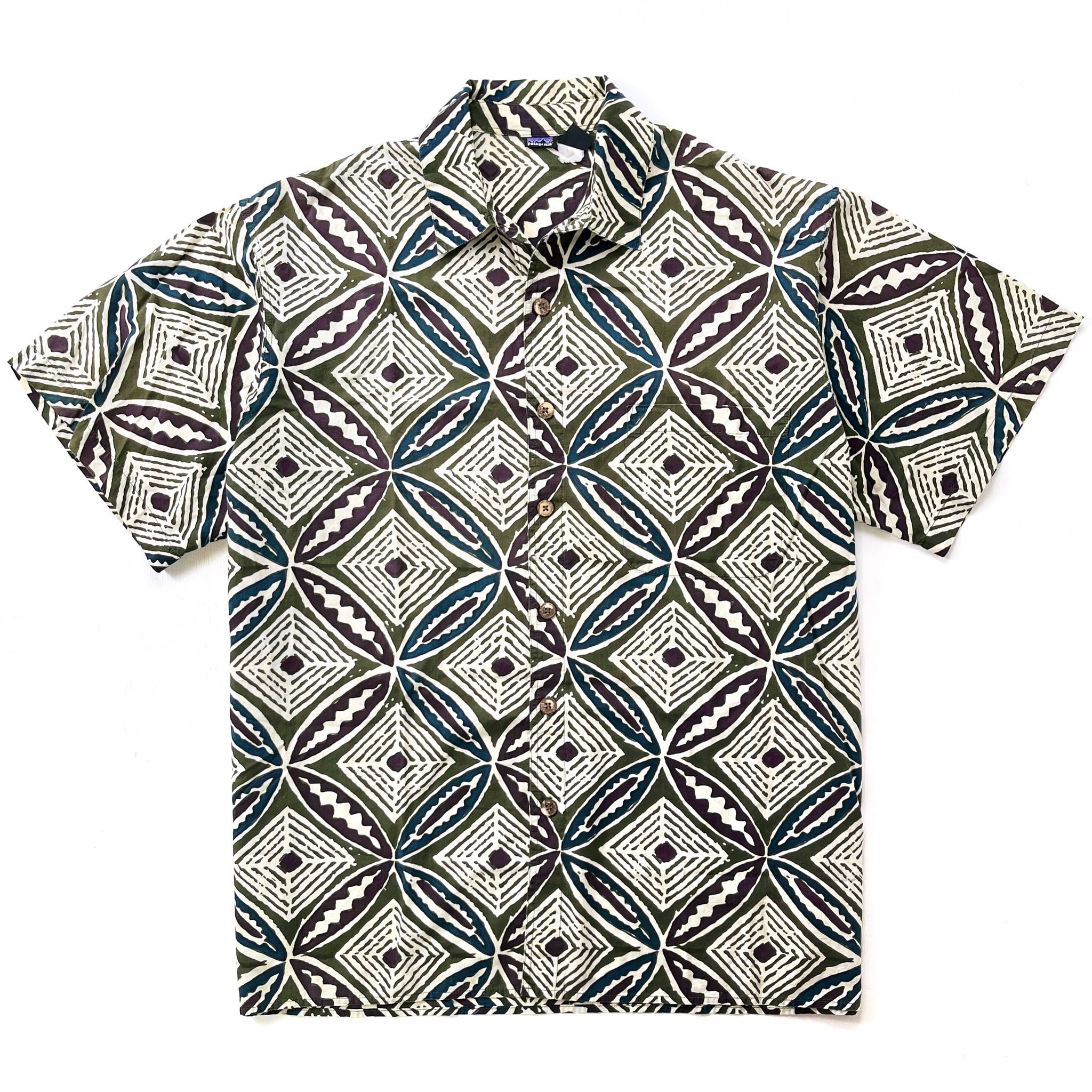 1995 Patagonia Surya Batik Cotton Shirt, Big Tapa: Dark Olive (XL)